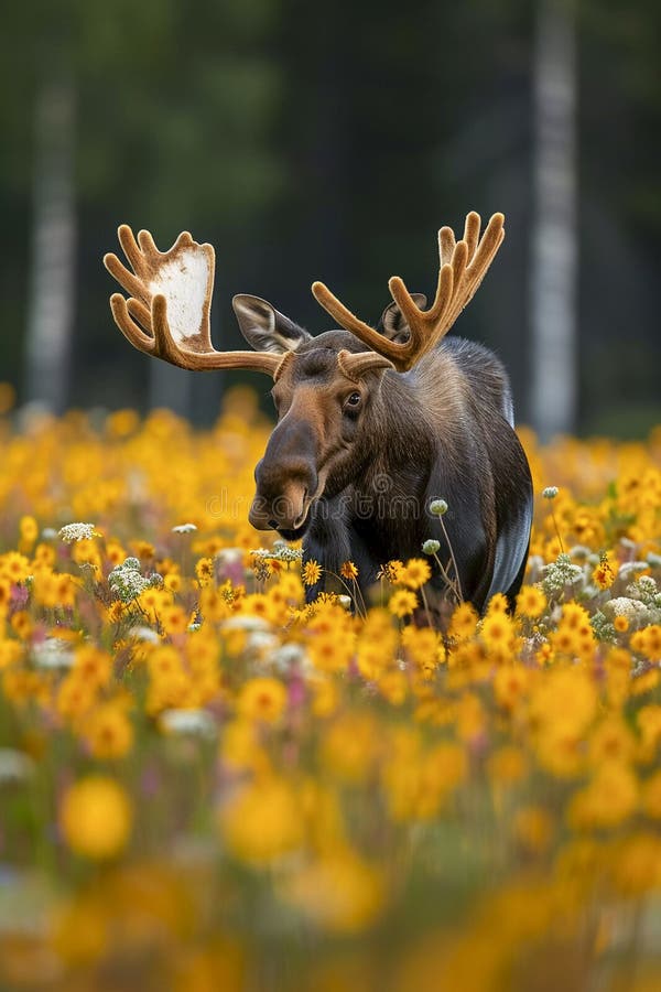 Moose in Meadow with Yellow Flowers Stock Illustration - Illustration ...