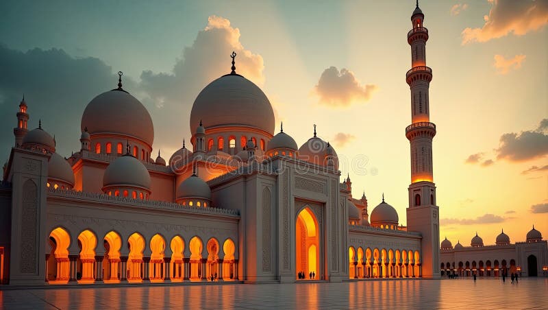 A Majestic Mosque at Dusk, with Intricate Islamic Architecture and ...