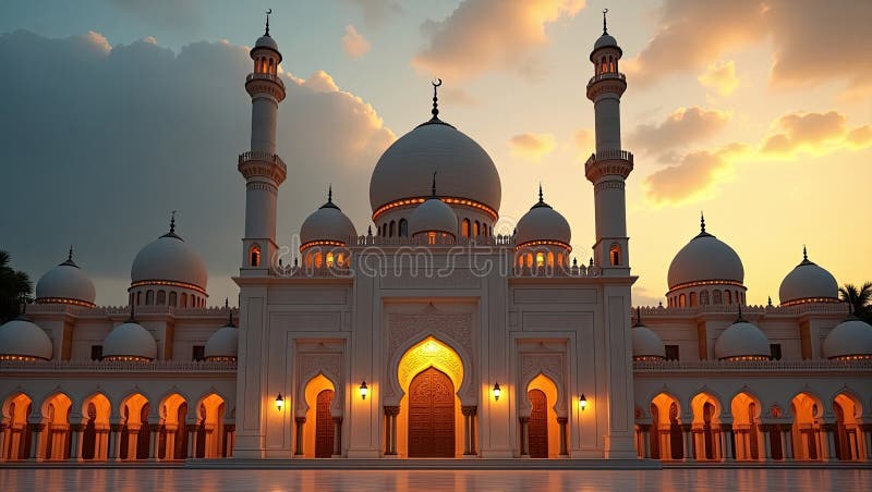 A Majestic Mosque at Dusk, with Intricate Islamic Architecture and ...