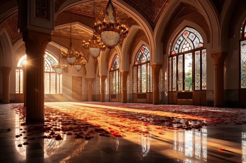 Majestic Mosque Interior in Midday Light, Highlighting Ornate Windows ...