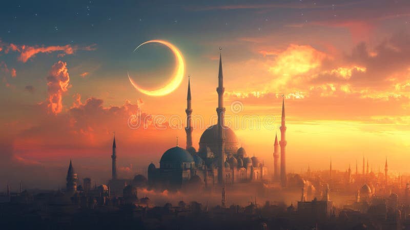 Majestic Mosque Silhouette at Sunset with Crescent Moon Stock Illustration - Illustration of ...