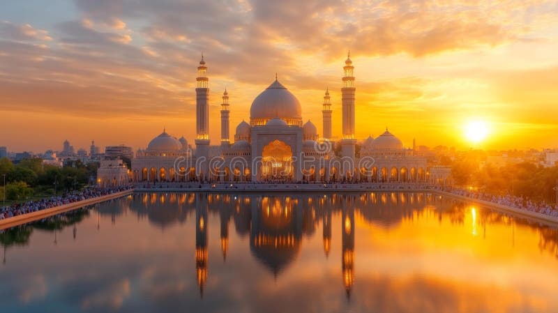Majestic Mosque at Sunset with Reflection in Water during Eid ...