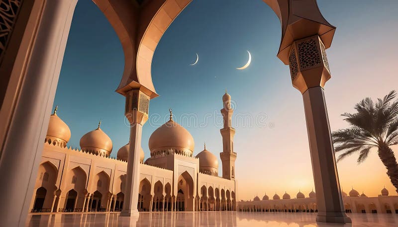 Grand Mosque Sunset Crescent Moons Architectural Design Stock ...