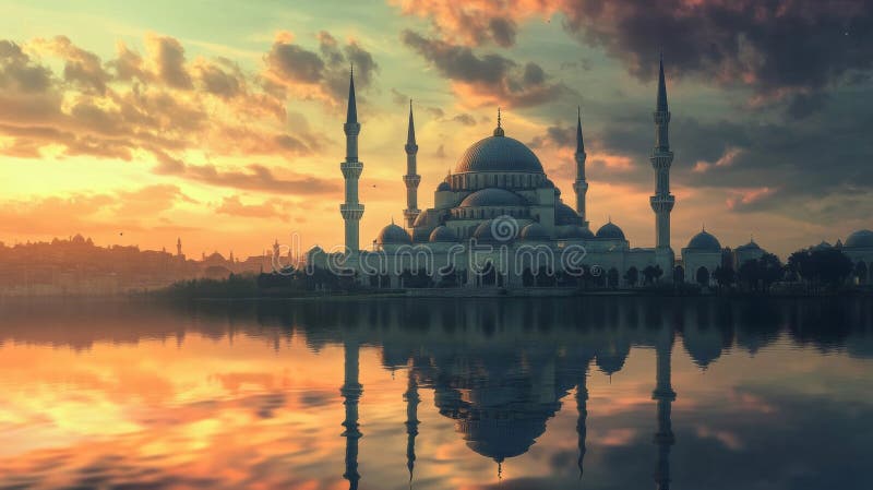 Majestic Mosque at Sunset with Water Reflection Stock Illustration ...