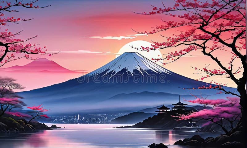 Majestic Mount Fuji in Foreground, Complemented by Delicate Backdrop of ...