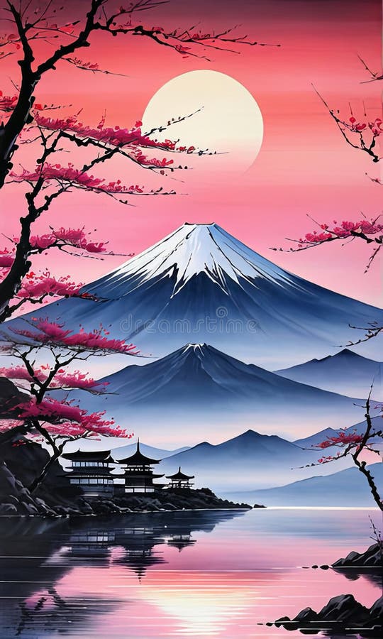 Majestic Mount Fuji in Foreground, Complemented by Delicate Backdrop of ...