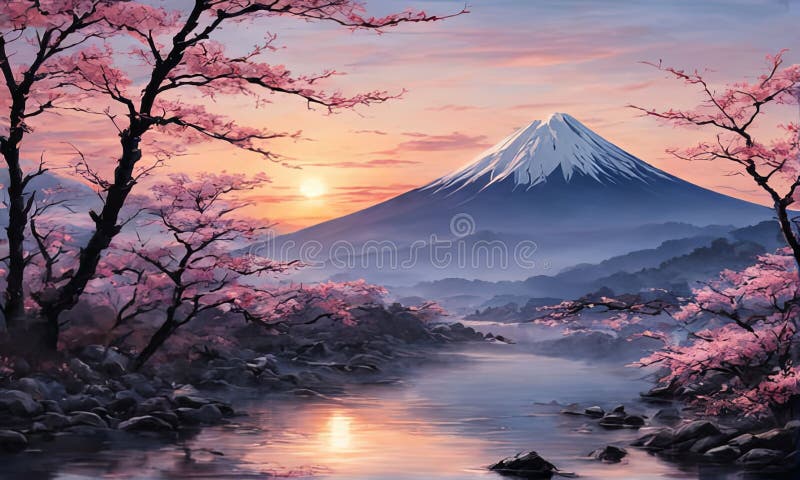 Majestic Mount Fuji in Foreground, Complemented by Delicate Backdrop of ...