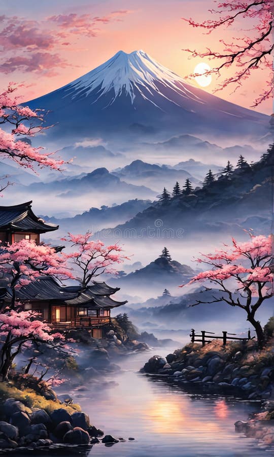 Majestic Mount Fuji in Foreground, Complemented by Delicate Backdrop of ...