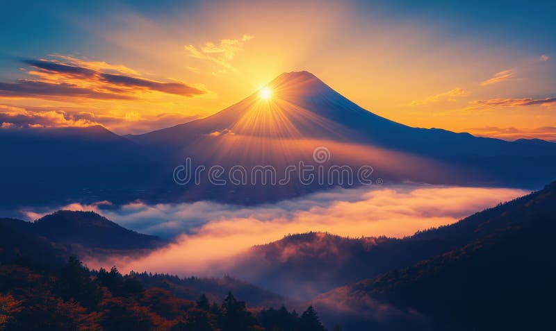Majestic Mount Fuji at Sunrise with Dramatic Sun Rays and Misty Valley ...