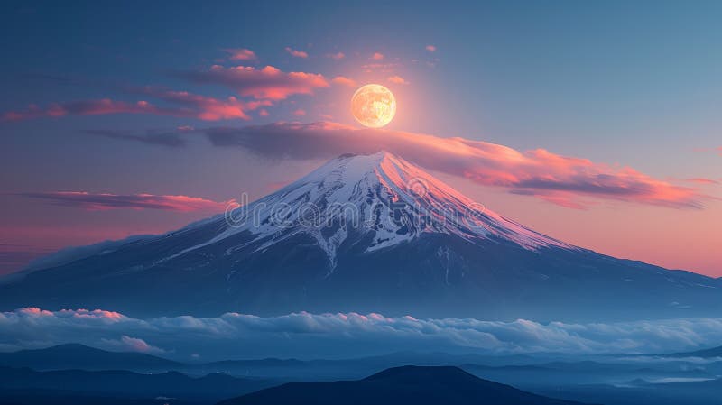 Majestic Mount Illuminated by a Setting Sun and Crescent Moon at Dusk ...