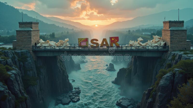 Majestic Mountain Bridge at Sunset with Sar Flags and Flowing River ...