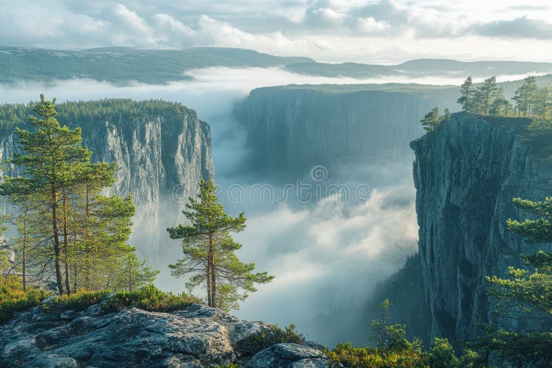 Majestic Mountain Cliffs Shrouded in Mist Scenic View Pine Trees Stock ...