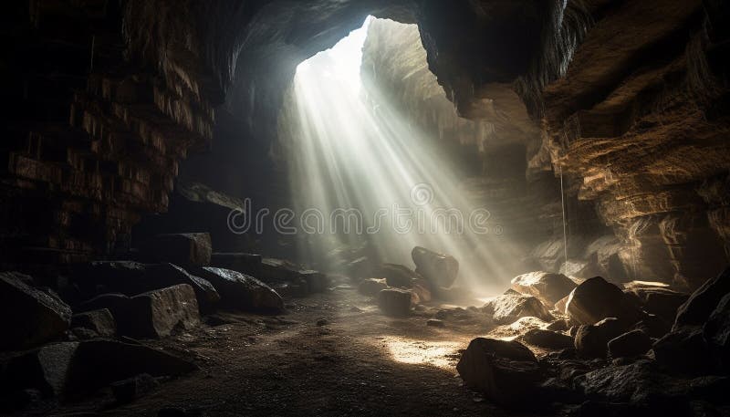 Majestic Mountain Landscape with Dark, Mysterious Cave and Flowing ...