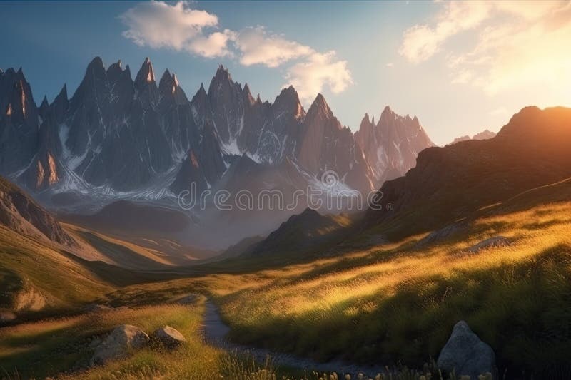 Majestic Mountain Landscape in Dawn, with the First Rays of Sunlight ...