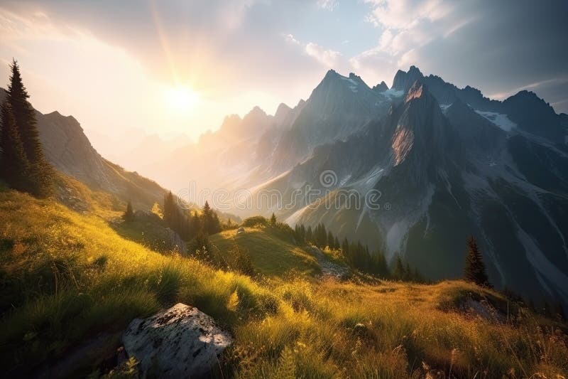 Majestic Mountain Landscape in Dawn, with the First Rays of Sunlight ...