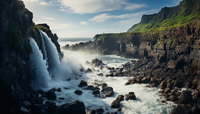 Majestic Mountain Landscape, Rough Waves Crash on Cliffs Generated by AI Stock Photo - Image of ...