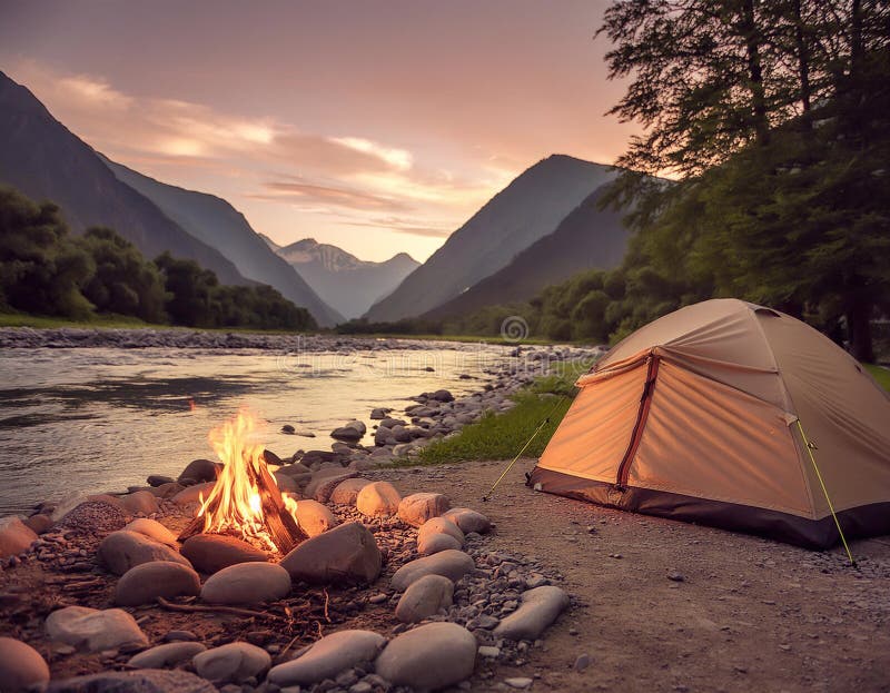 Majestic Mountain Landscape with a Tent and Campfire by a River at Dusk ...