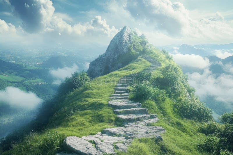 Majestic Mountain Path Surrounded by Lush Greenery and Clouds in Bright ...