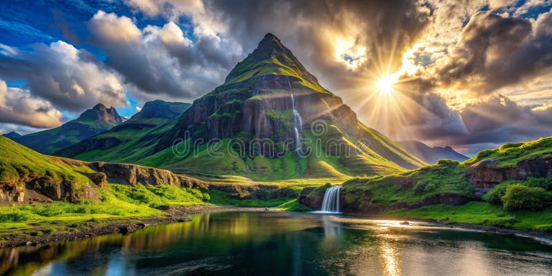 Majestic Mountain Peak with Cascading Waterfalls at Sunset. Generative ...
