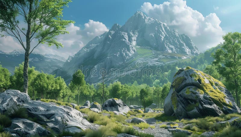 Majestic Mountain Peak, Eroded Rock, Tranquil Scene, Green Forest Stock ...