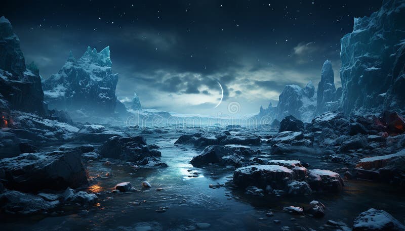 Majestic Mountain Peak in Frozen Arctic, Under Starry Night Sky ...