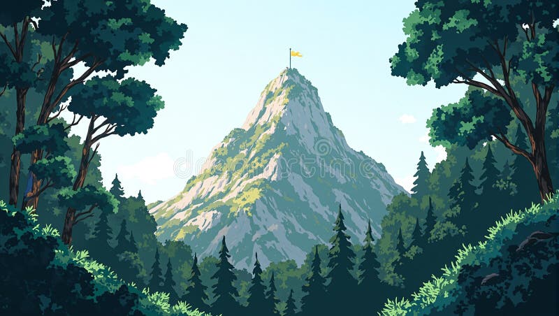 Majestic Mountain Peak with Yellow Summit Flag and Sun Dappled Forest ...