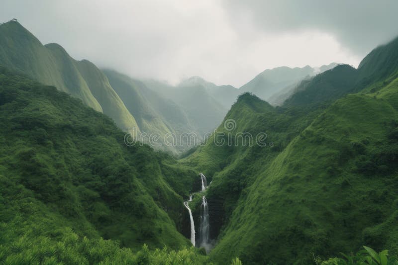 Majestic Mountain Range, with Cascading Waterfalls and Lush Greenery ...