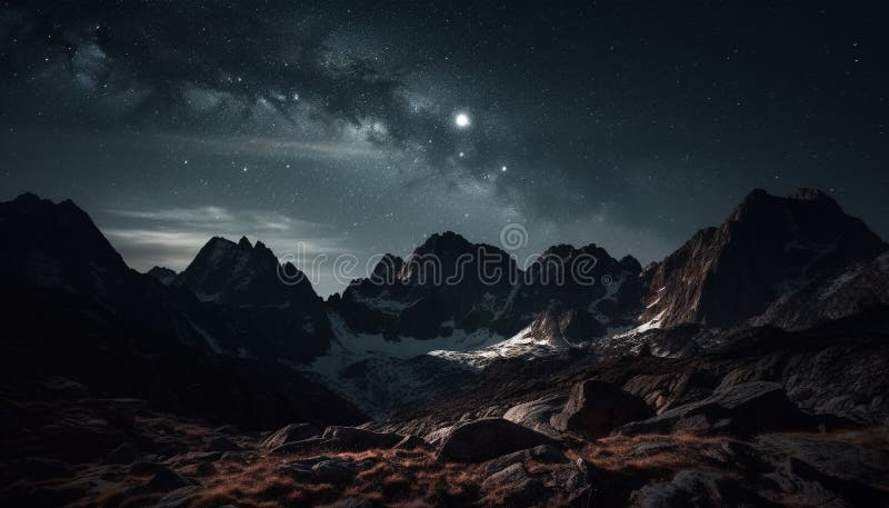 Majestic Mountain Range in Dark Night Sky, Milky Way Galaxy Shines ...