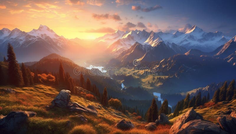 Majestic Mountain Range at Dawn, a Tranquil Scene for Hiking Generated ...