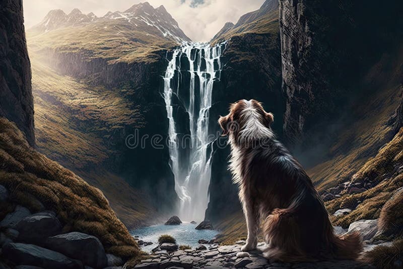 Majestic Mountain Range, with Dog Peering Over the Edge of a Cliff ...
