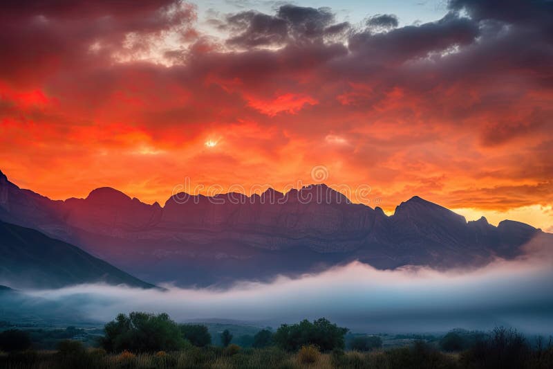 Majestic Mountain Range in Fiery Sunset with Clouds and Mist Stock ...