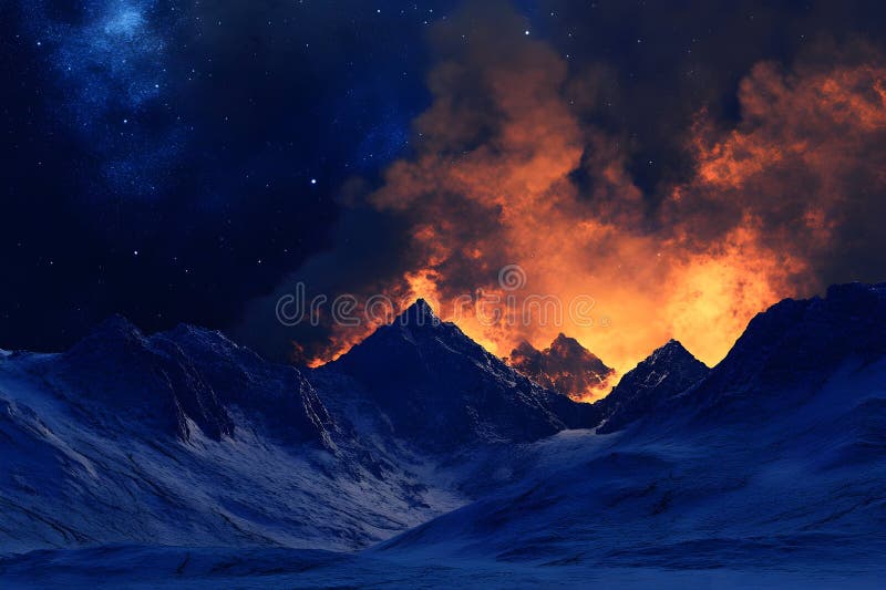 Majestic Mountain Range with Glowing Sunset and Starry Night Sky Stock ...