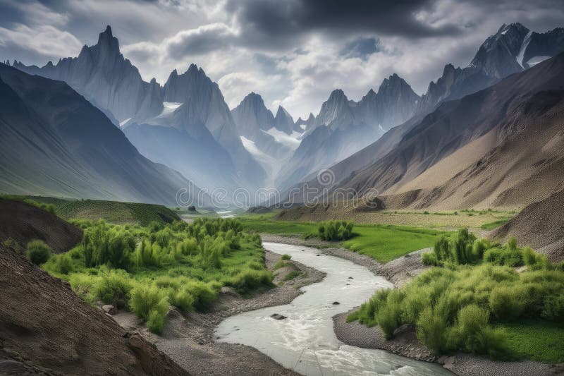Majestic Mountain Range with a Hidden Valley and Flowing River Stock ...