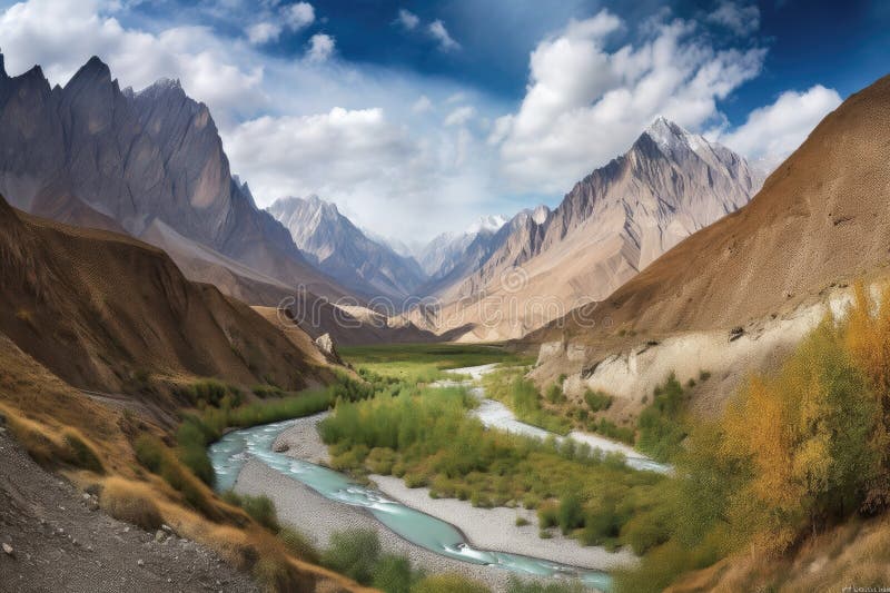 Majestic Mountain Range with a Hidden Valley and Flowing River Stock ...