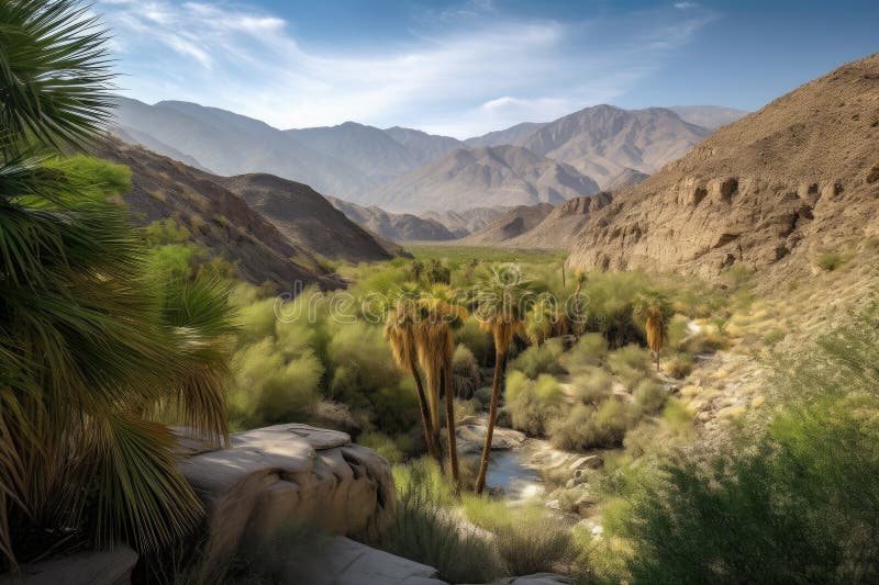 Lush Oasis Surrounded by Fiery Canyon Sunset, with Palm Trees and Water ...