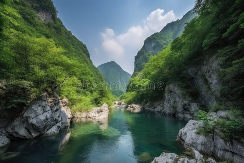 Majestic Mountain Range with Rivers and Waterfalls, Surrounded by ...