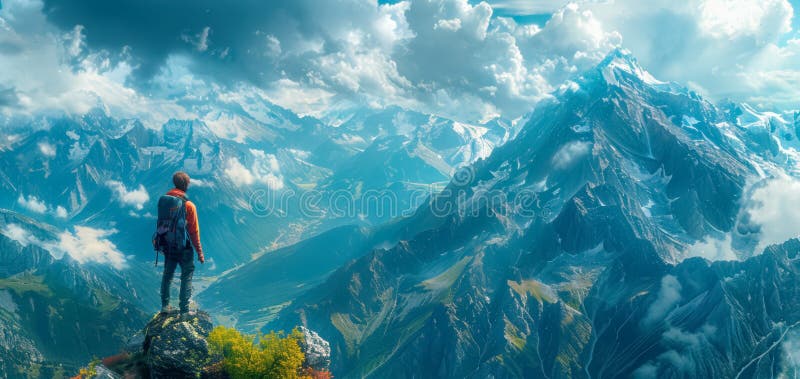 Majestic Mountain Range with a Stormy Sky, and Hiker Man Looking Out ...