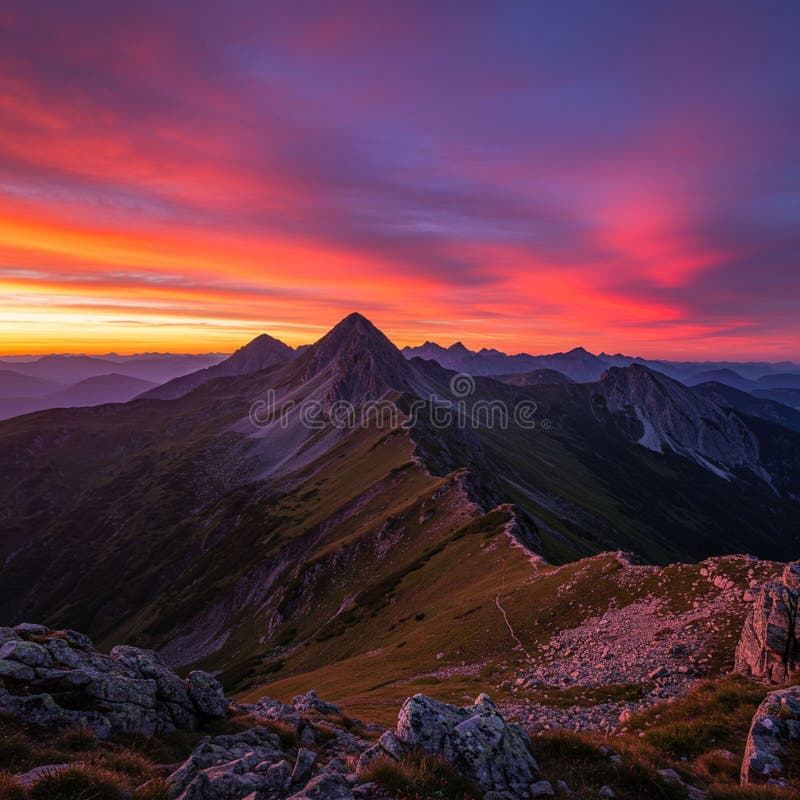 Majestic Mountain Range at Sunset, Featuring Rugged Peaks and Expansive ...