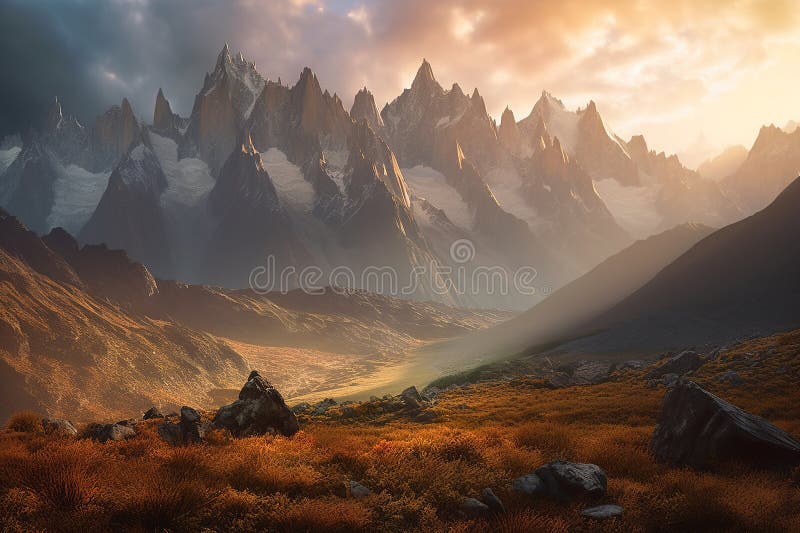 Majestic Mountain Range at Sunset in a Land of Mythical Dwarves ...
