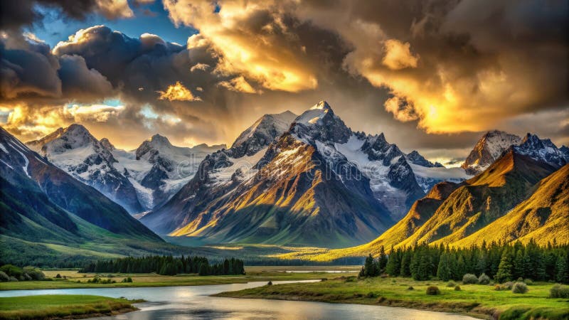 Majestic Mountain Range at Sunset with Serene River Valley. Generative ...