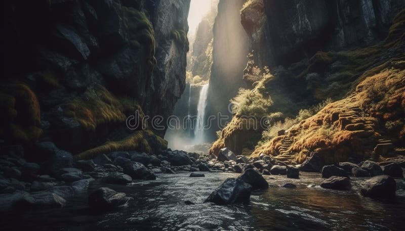 Majestic Mountain Range, Tranquil Ravine Flowing Water Generated by AI ...