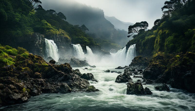 Majestic Mountain Range, Tranquil Waterfall, Lush Green Forest ...