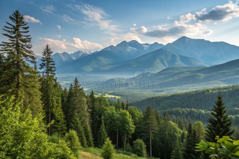 Majestic Mountain Range View with Lush Green Forest Stock Illustration ...
