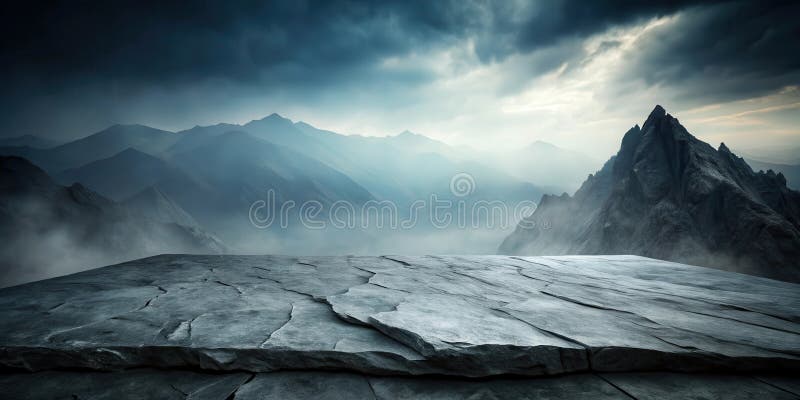 A Majestic Mountain Range Viewed from a Rugged Stone Platform ...