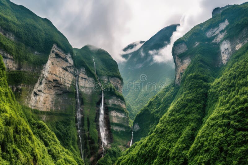 Majestic Mountain Range with a Waterfall Cascading Down the Cliff Face ...