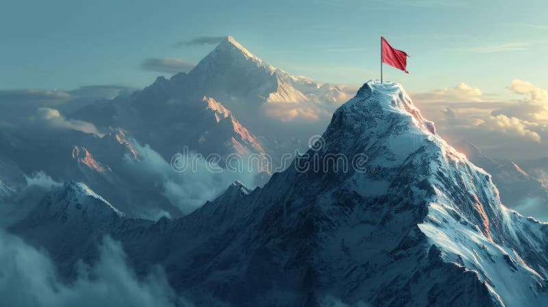 Majestic Mountain with Red Flag Flying on Its Summit Stock Photo ...