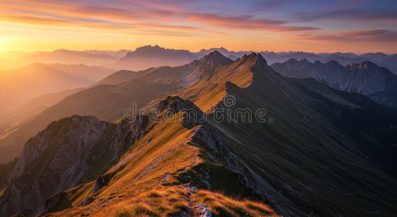 Majestic Mountain Ridge at Sunset with Golden Hour Light Stock ...