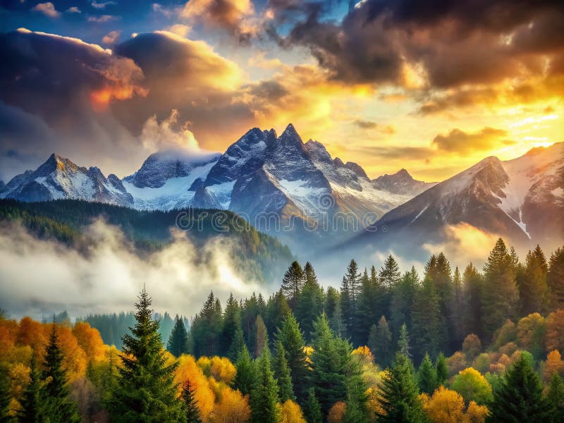 Majestic Mountain Scenery Misty Forests SnowCapped Peaks and a Dramatic ...