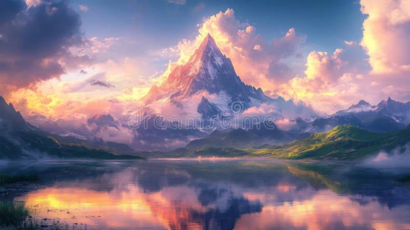 Majestic Mountain Sunset Landscape Reflection Stock Illustration ...