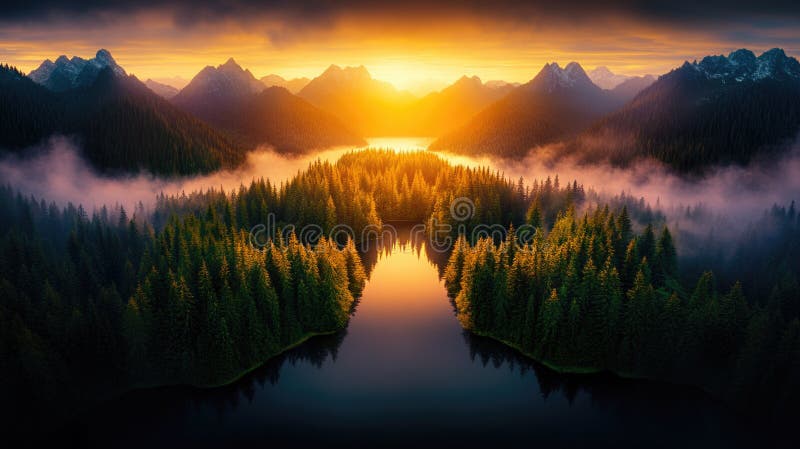Majestic Mountain Sunset Over Serene Forest River Valley Mist Stock ...